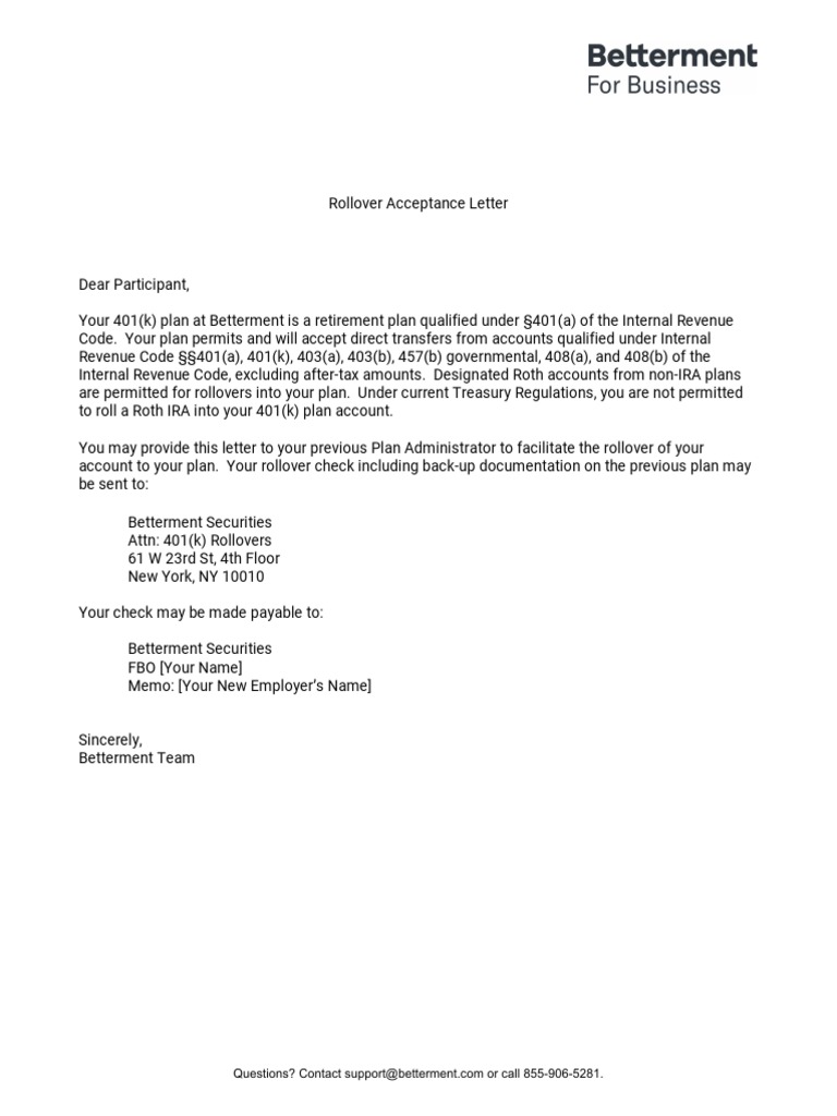 Betterment Rollover Acceptance Letter | PDF