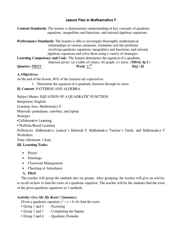 Quadratic Equations Lesson Plan | PDF | Quadratic Equation | Equations