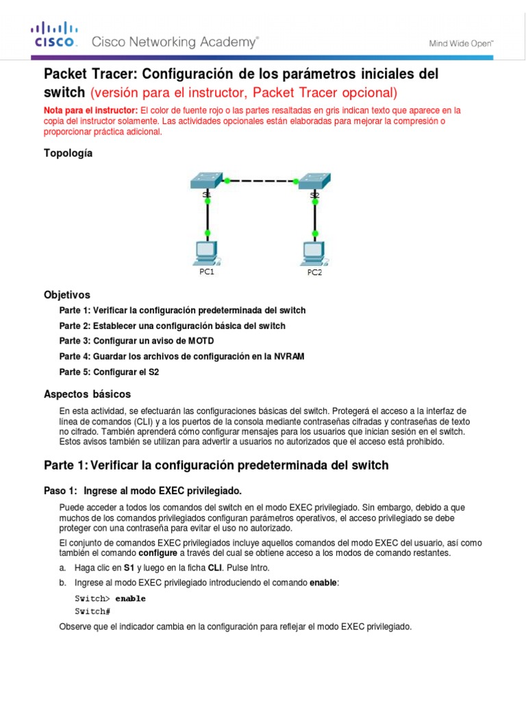 2.2.3.4 Packet Tracer - Configuring Initial Switch Settings - ILM | PDF | Contraseña | Interfaz ...