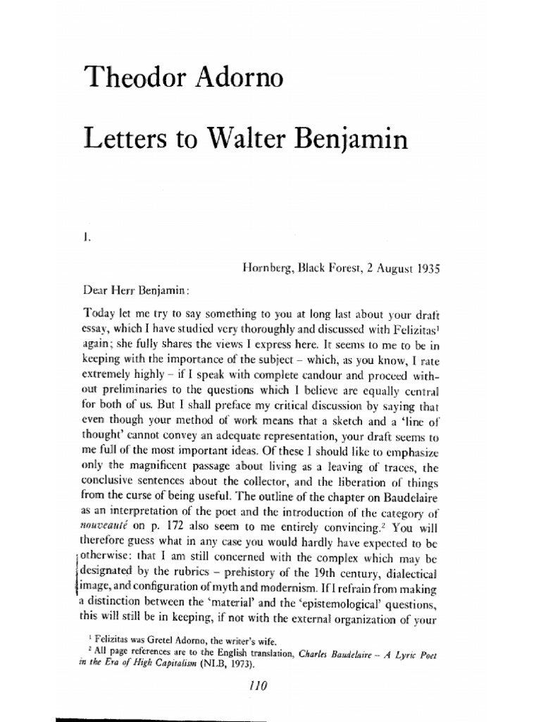 Adorno Letters To Benjamin PDF | PDF