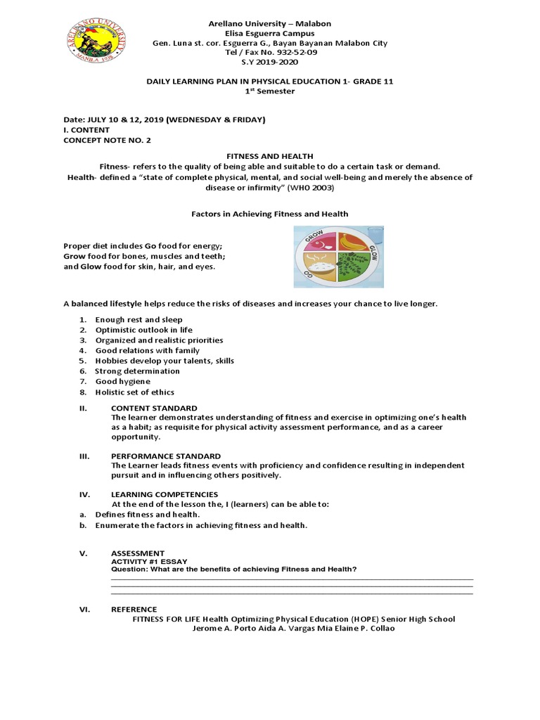 DLP in P.E Grade 11 - Fitness and Health | PDF | Physical Fitness ...