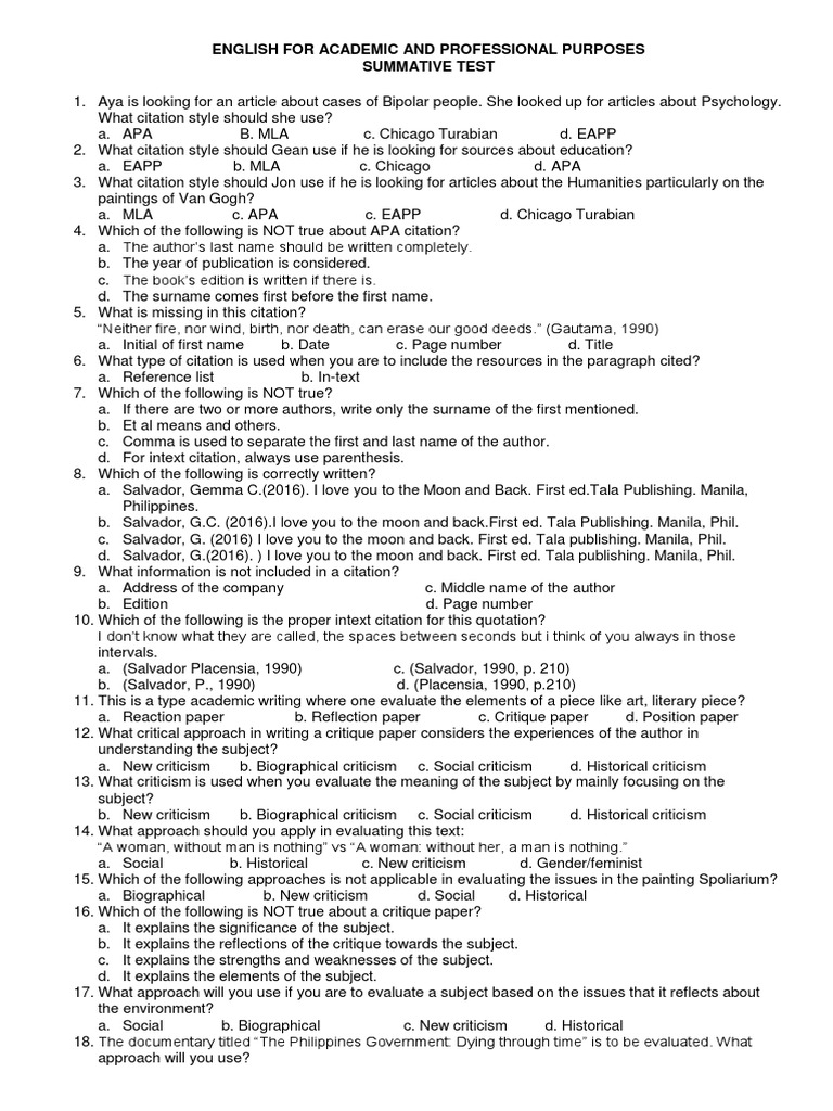 ENGLISH FOR ACADEMIC AND PROFESSIONAL PURPOSES Summative | PDF ...
