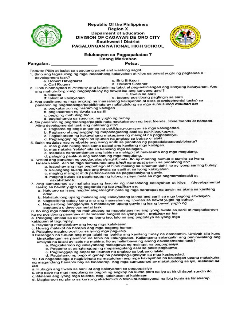 1st Quarter Exam ESP 7 | PDF