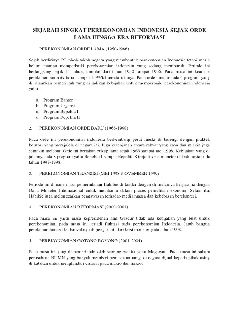 SEJARAH PEREKONOMIAN INDONESIA DARI ORDE LAMA HINGGA REFORMASI | PDF