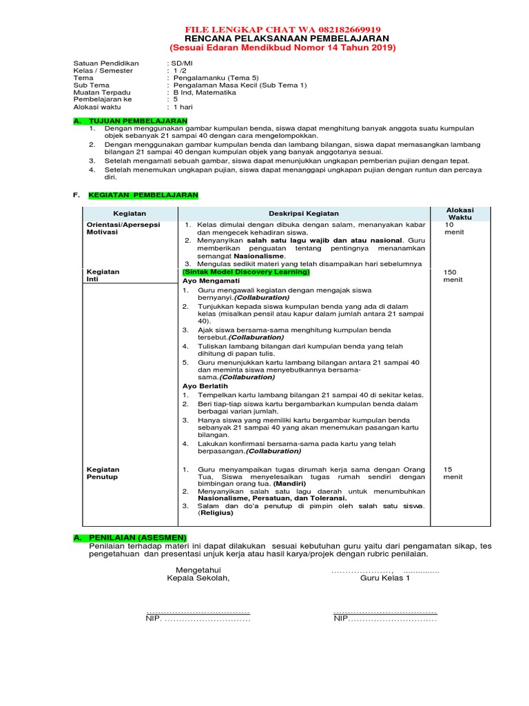 Contoh RPP Kelas 1 Tema 5 | PDF | Karier & Perkembangan