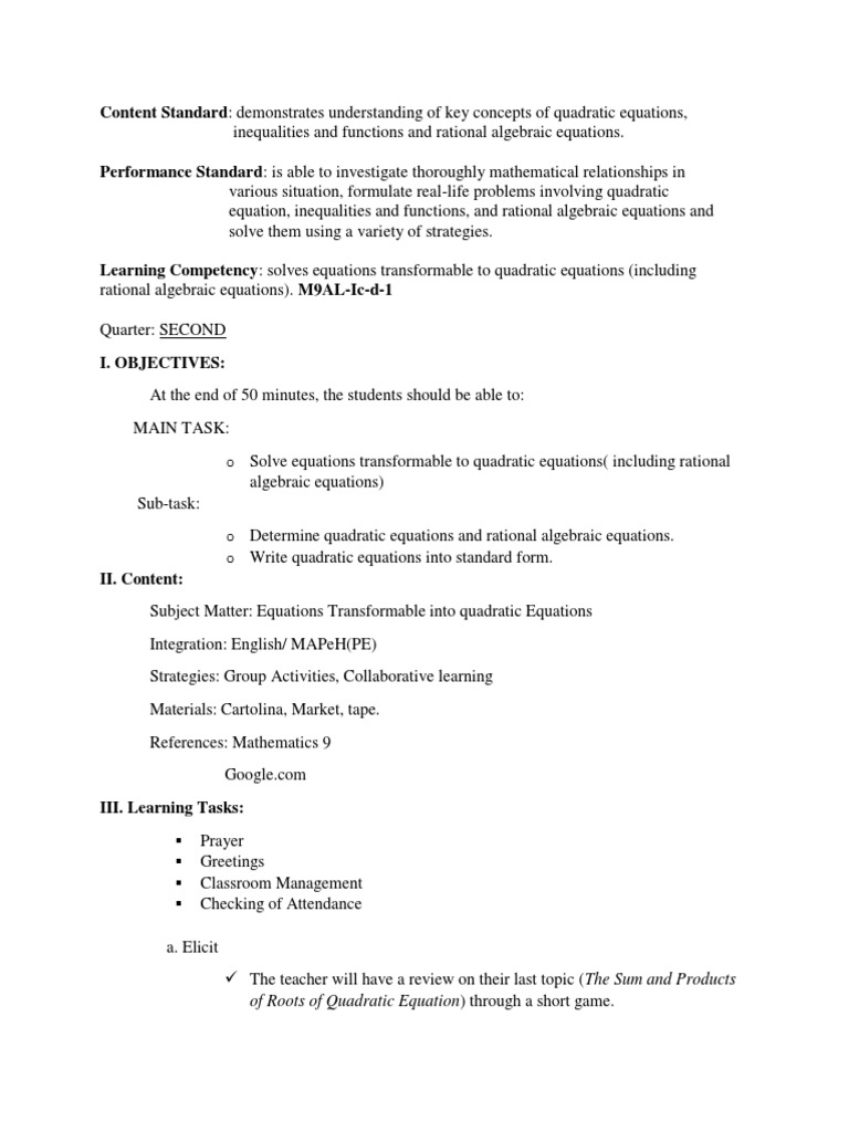 Quadratic Equations Lesson Plan | PDF | Group (Mathematics) | Equations