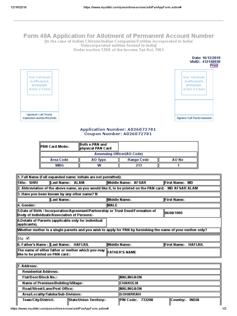 Application for Allotment of Permanent Account Number (PAN) by MD Afsar ...