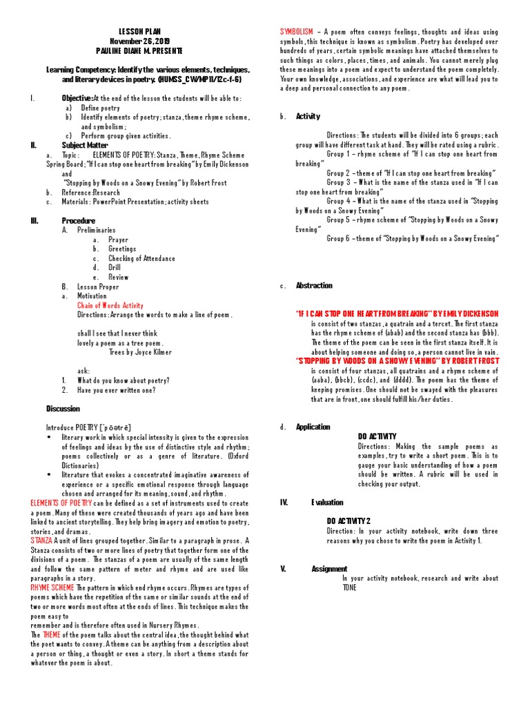 Elements of Poetry Lesson Plan | PDF | Poetry
