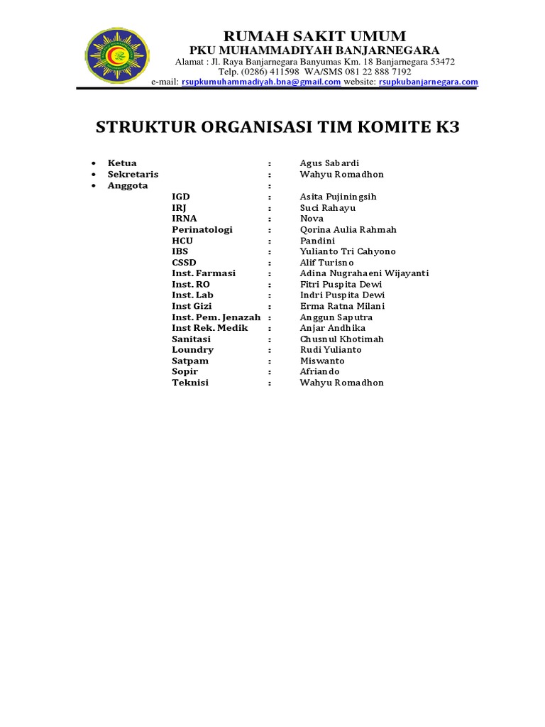 Struktur Organisasi Tim Komite K3 RSMB | PDF