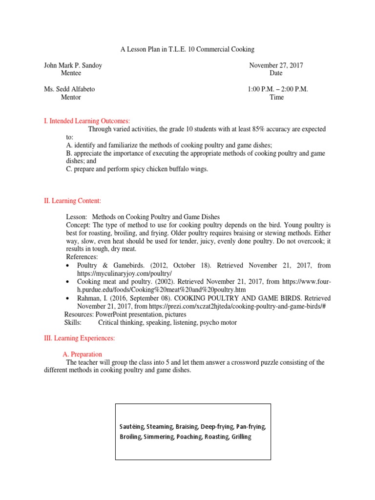 A Lesson Plan in Game Dishes | PDF | Grilling | Cooking