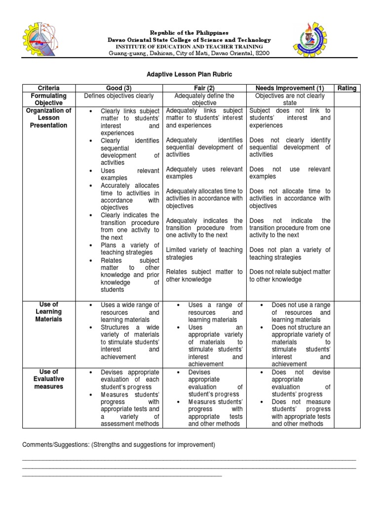 Adaptive Lesson Plan Rubric | PDF | Lesson Plan | Rubric (Academic)