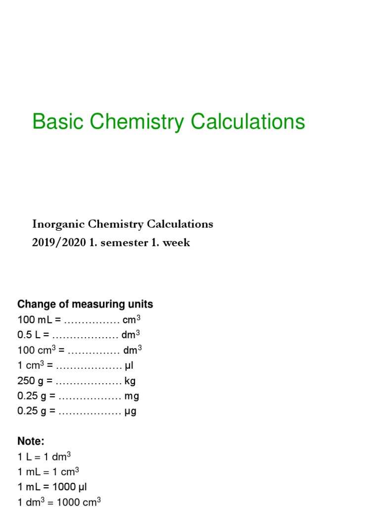 01 - Basic Chemistry Calculation | PDF | Mole (Unit) | Molar Concentration