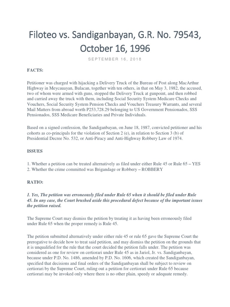 Filoteo vs. Sandigangbayan | PDF | Robbery | Certiorari