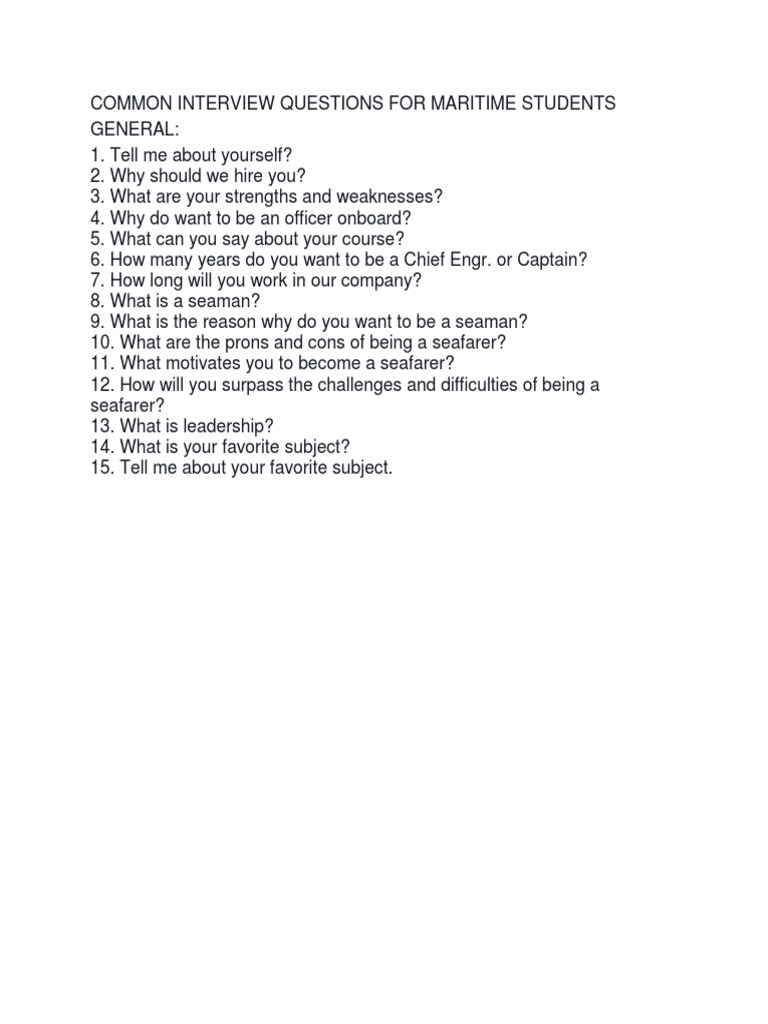Common Interview Questions For Maritime Students | PDF | Water ...