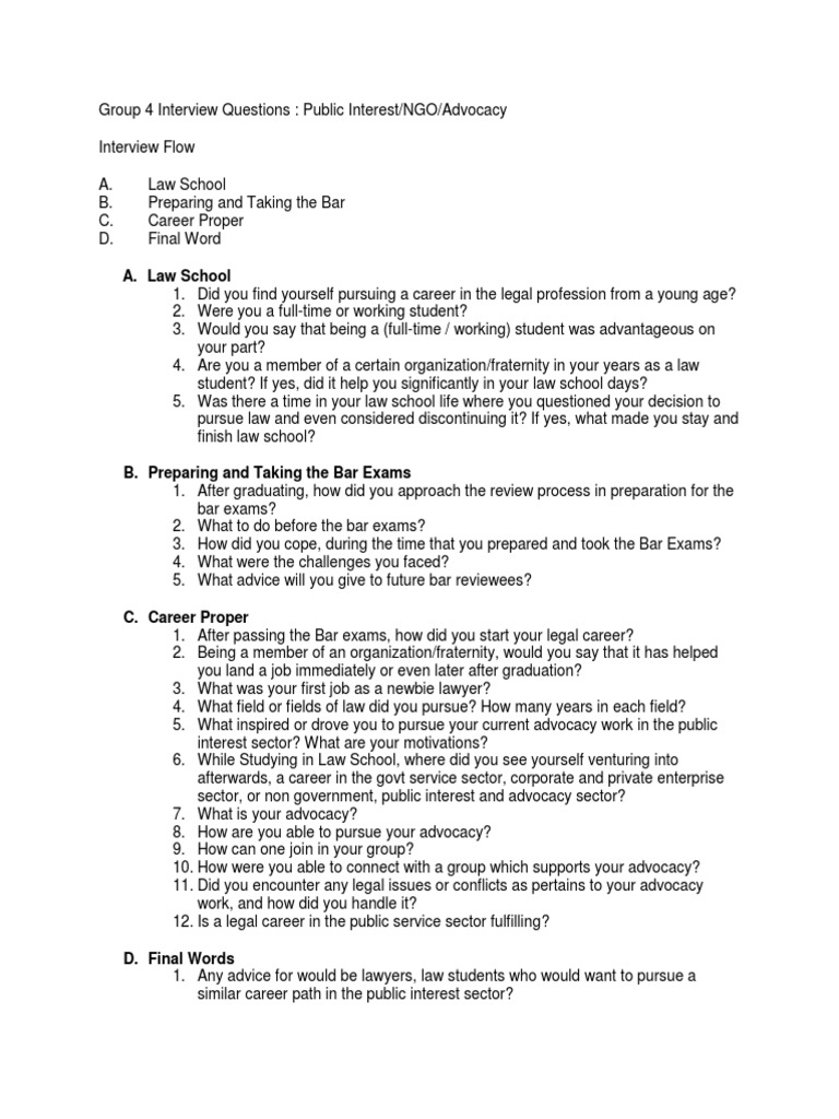 Group 4 Interview Questions | PDF | Law School | Lawyer