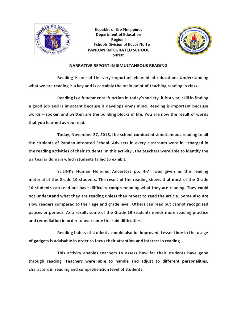NARRATIVE REPORT IN READING-Grade 10 | PDF
