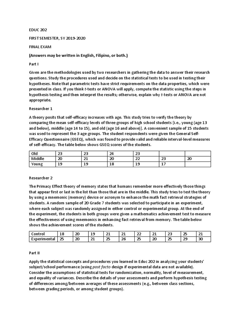 Educ - 202 Statistics Final - Exam | PDF | Experiment | Statistical ...