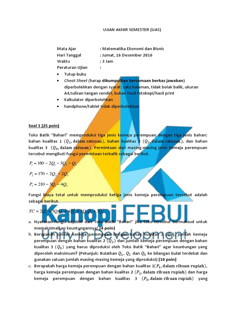 Matematika Ekonomi Dan Bisnis UAS 2016 | PDF | Bisnis | Metode & Bahan Ajar