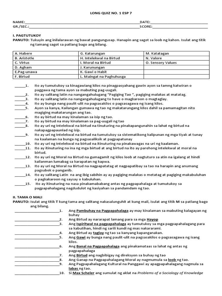 LONG QUIZ NO 1 3rd Quarter | PDF