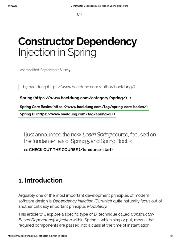 Constructor Dependency Injection in Spring | PDF | Class (Computer Programming) | Constructor ...