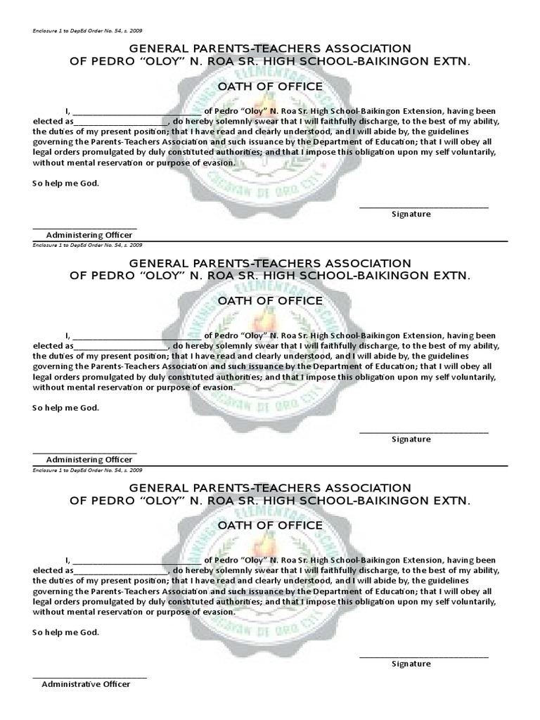 Oath of Office Template for School Organizations | PDF | Oath Of Office ...