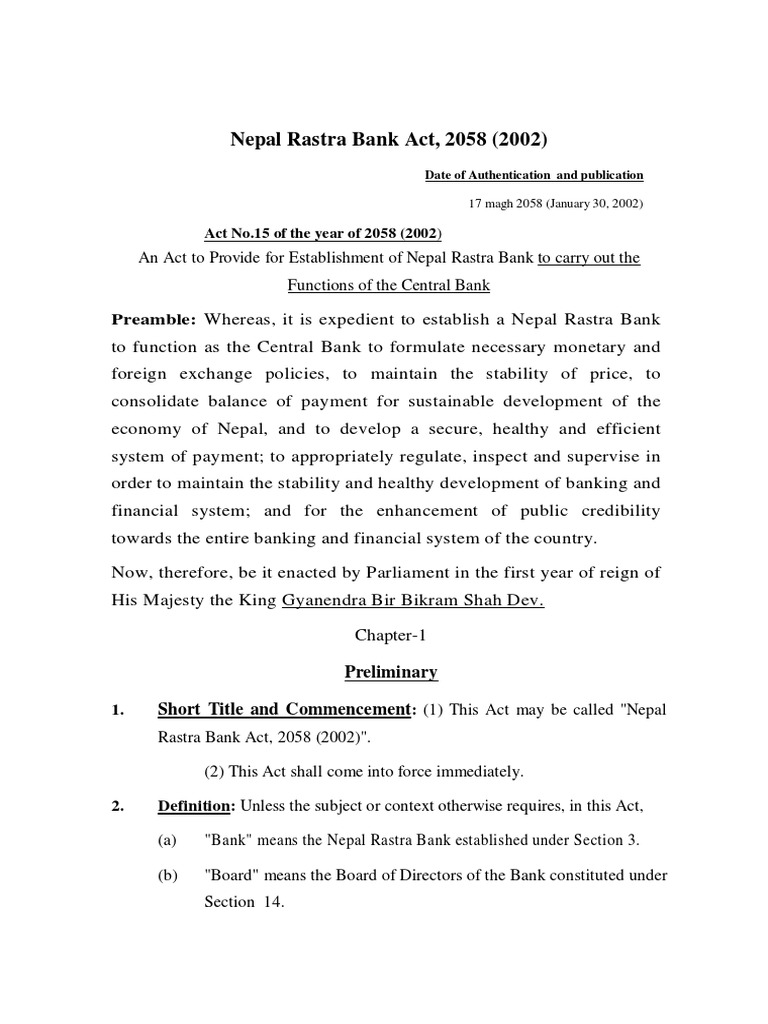 Nepal Rastra Bank Act, 2058 Overview | PDF | Negotiable Instrument ...
