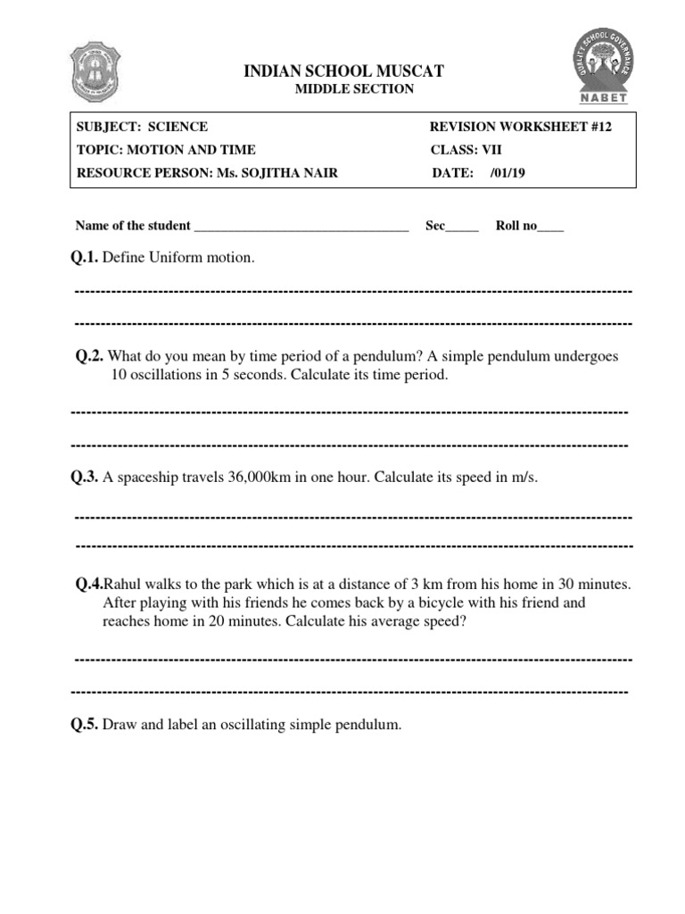 Class 7 Motion and Time Worksheet | PDF | Speed | Time