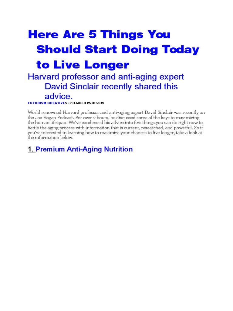 David Sinclair Advice Antiaging | PDF | Life Extension | Ageing