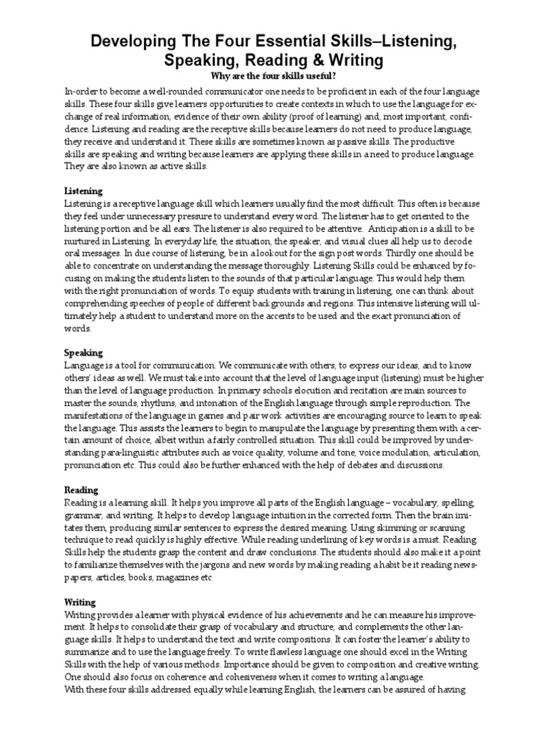 Developing The Four Essential Skills | PDF | Speech | Accent (Sociolinguistics)