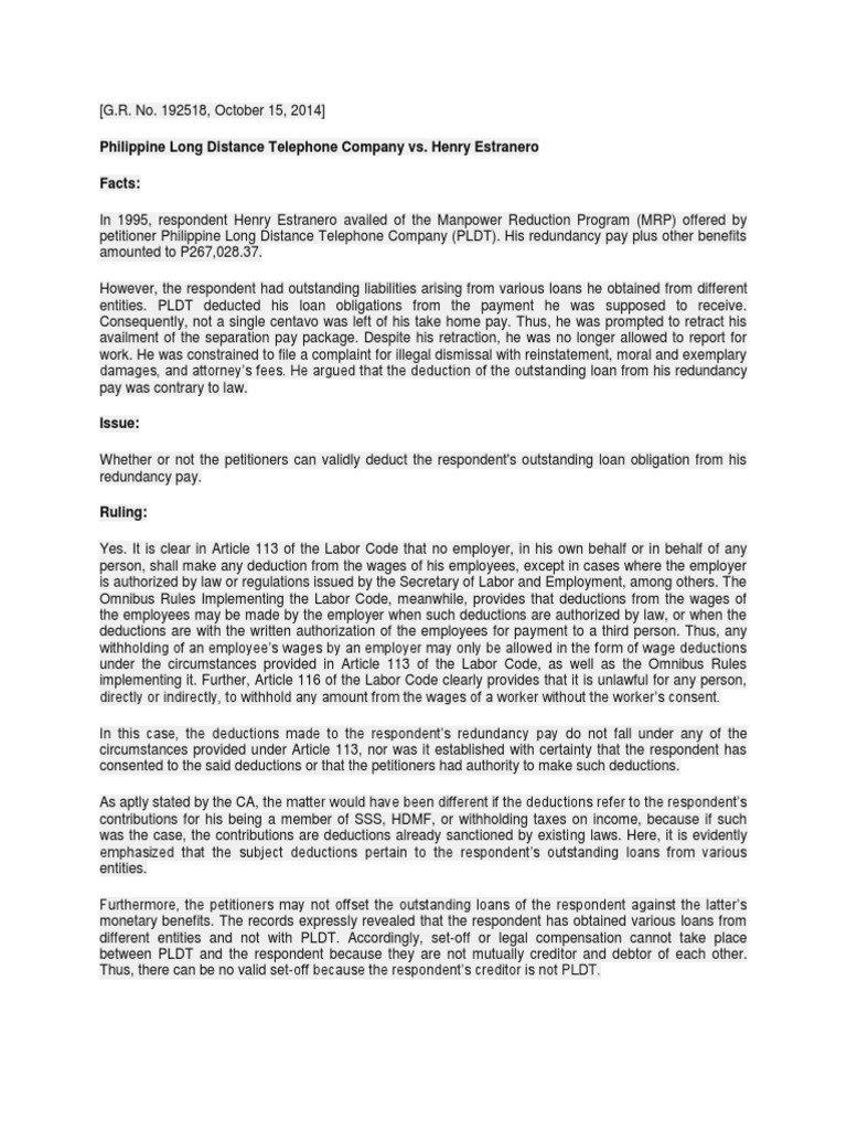 Philippine Long Distance Telephone Company vs. Henry Estranero | PDF | Employment | Loans