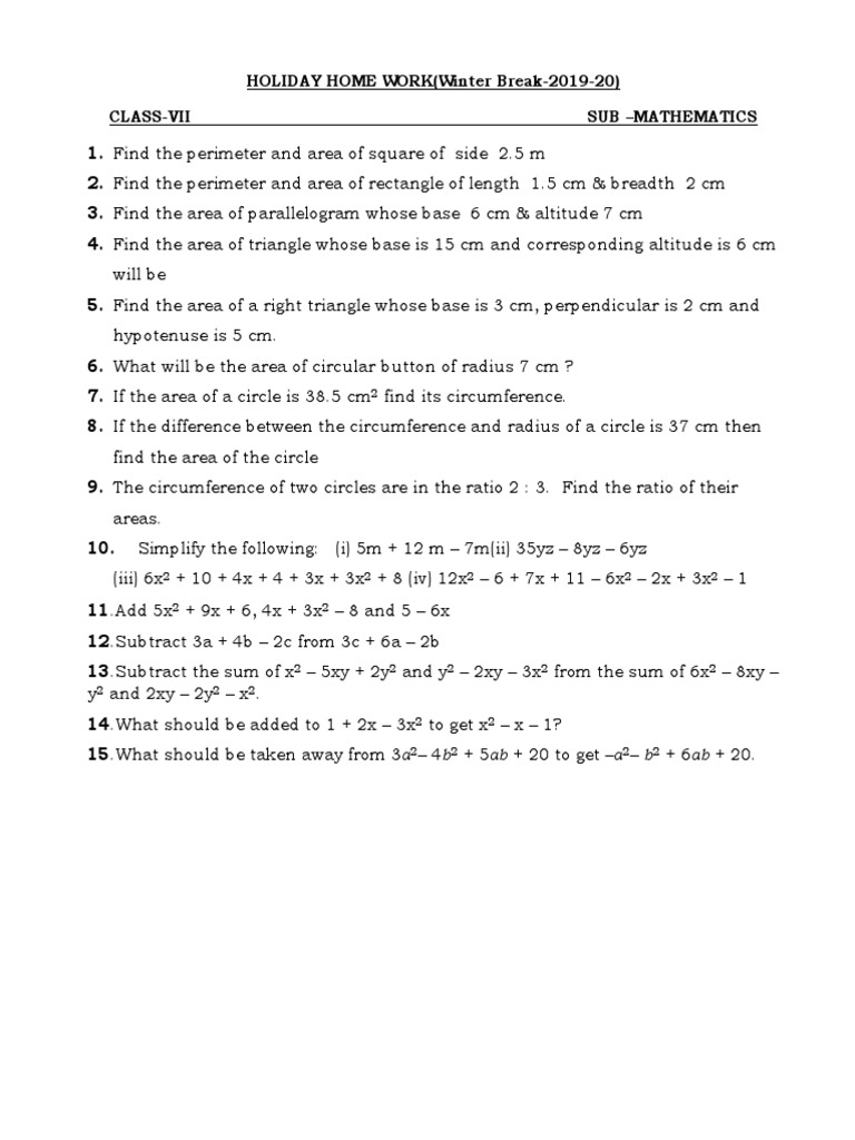 Mathematics Holiday Homework | PDF | Area | Circle