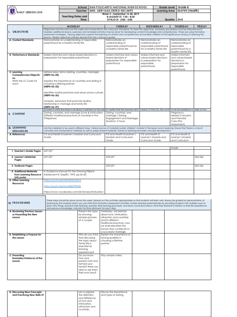 G8 DLL Health Q2 | PDF | Physical Education | Curriculum
