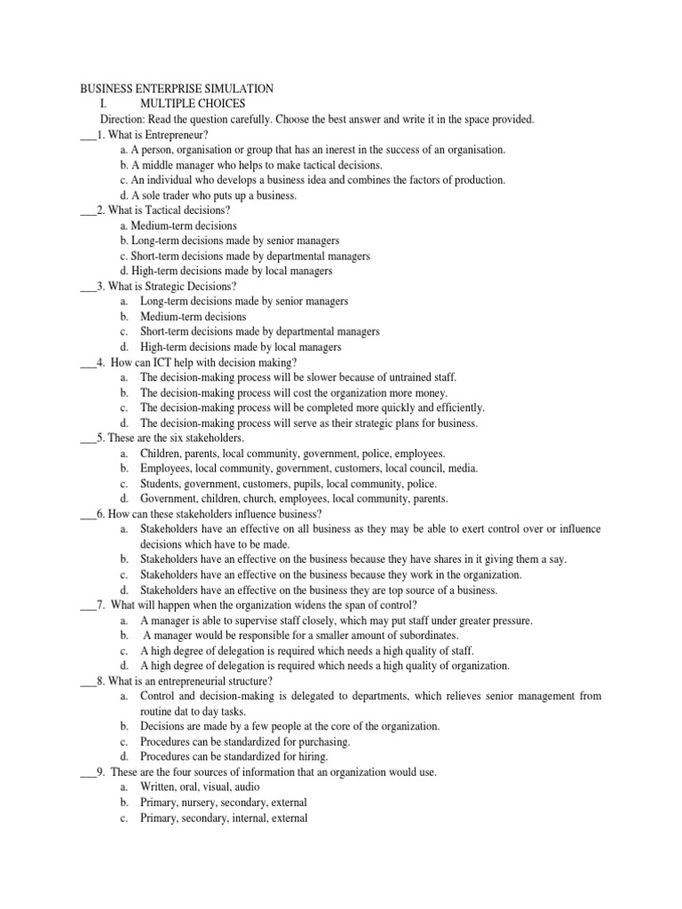 Business Enterprise Simulation Exam | PDF | Decision Making | Market ...