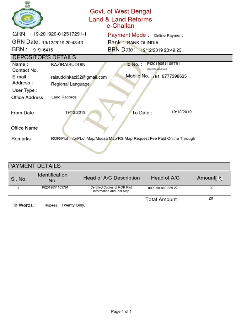 West Bengal Land Revenue e-Challan Details | PDF