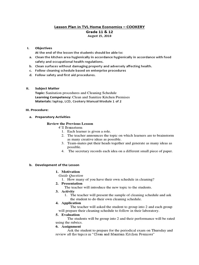 TVL Home Economics Lesson Plan Cleaning Schedule | PDF | Lesson Plan ...