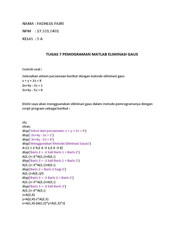 Pemrograman MATLAB: Eliminasi Gauss | PDF