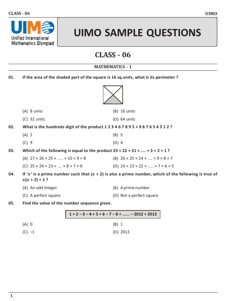 Class - 6 - UIMO - Sample Questions With KEY & Sol. | PDF | Geometry ...