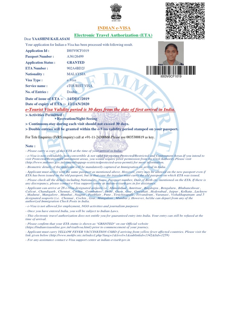 Yaashini Kailasam I003v0cf1019 - Eta | PDF | Travel Visa | Passport