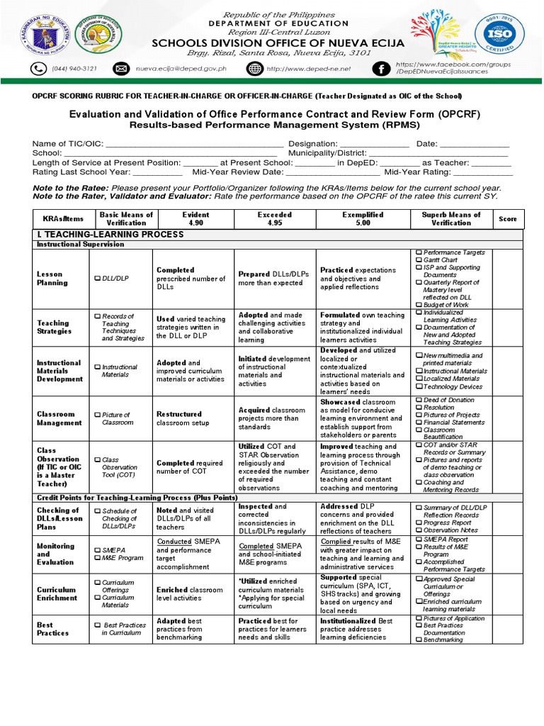 Opcrf Scoring Rubric For Tic Oic Evaluation Pdf Educational