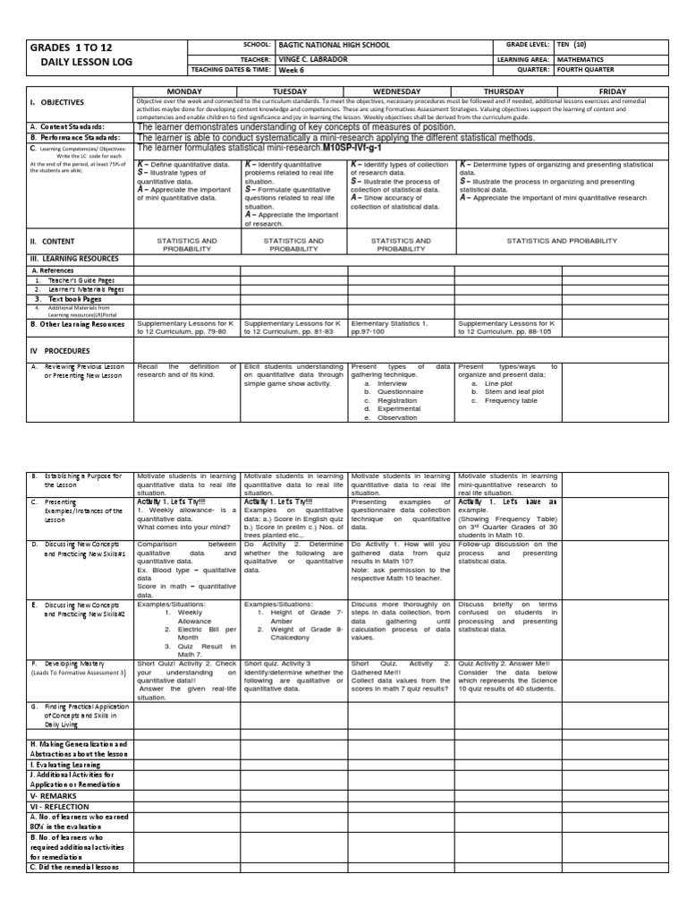 Final-DLL - MATH 10 - Q4 - Week 6 7 8 9 and 10 | PDF | Curriculum ...