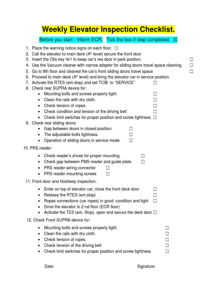 OTIS Elevator Weekly Inspection Checklist Revision 28 December 2019 ...