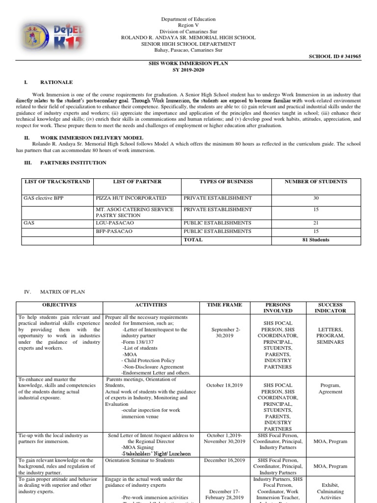 SHS Work Immersion Plan 2019-2020 | PDF | Employment | Teachers