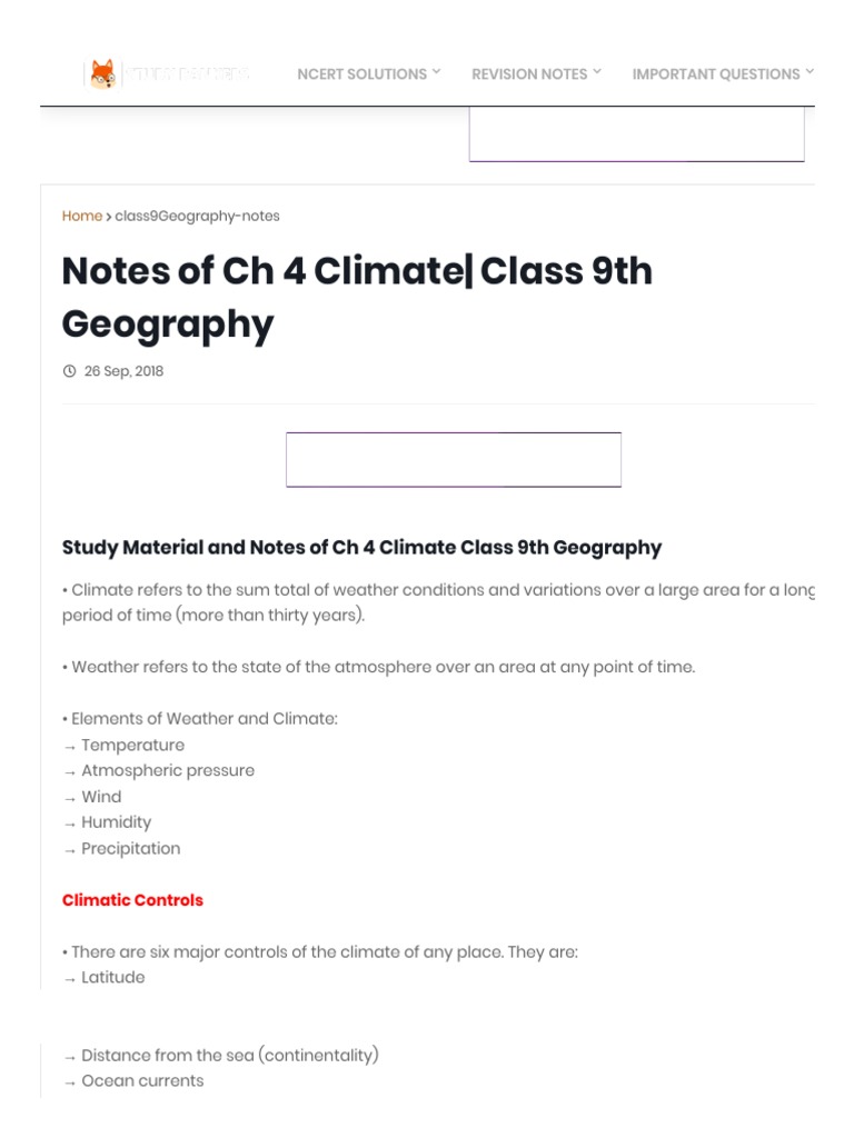 Notes of CH 4 Climate - Class 9th Geography | PDF | Earth Phenomena ...