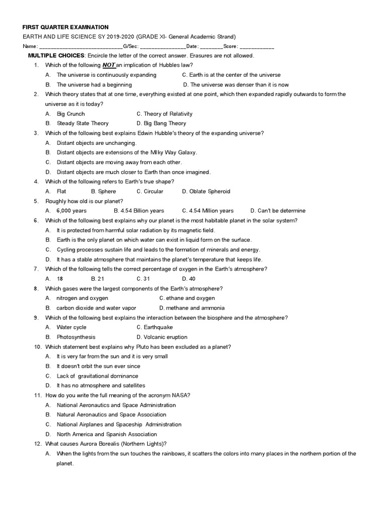 Earth and Life Science Exam Questions | PDF | Plate Tectonics | Magma