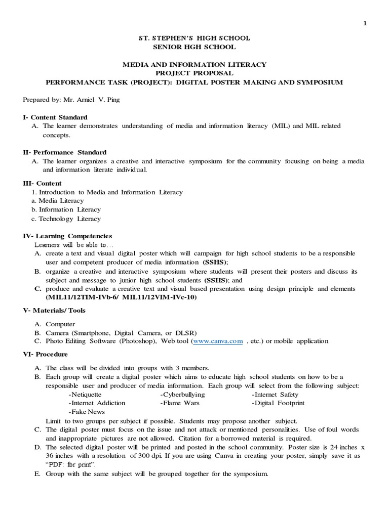 Project Proposal Performance Task (Project) Digital Poster Making and ...