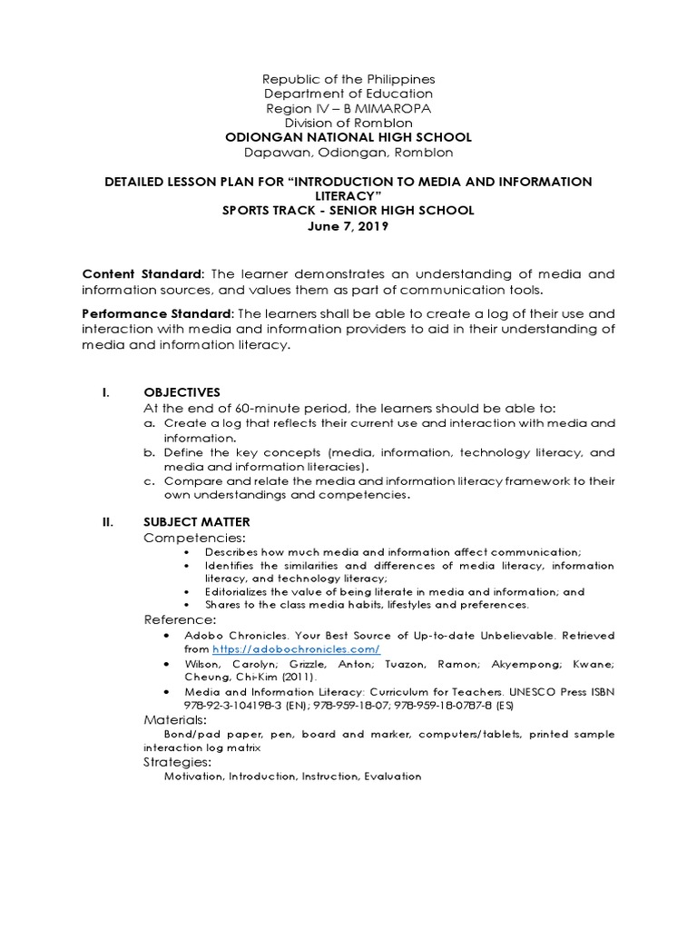 Media and Information Literacy Lesson Plan | PDF | Mass Media | Peer To ...