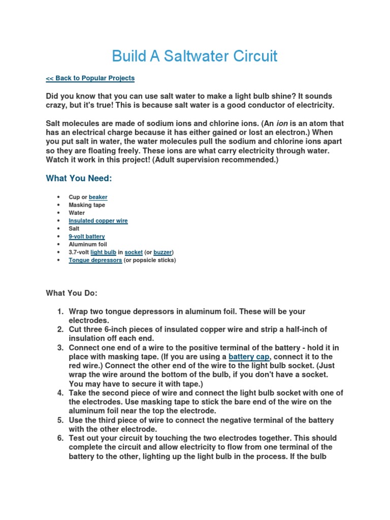 Saltwater Circuit and Battery Experiment | PDF | Ion | Electrolyte
