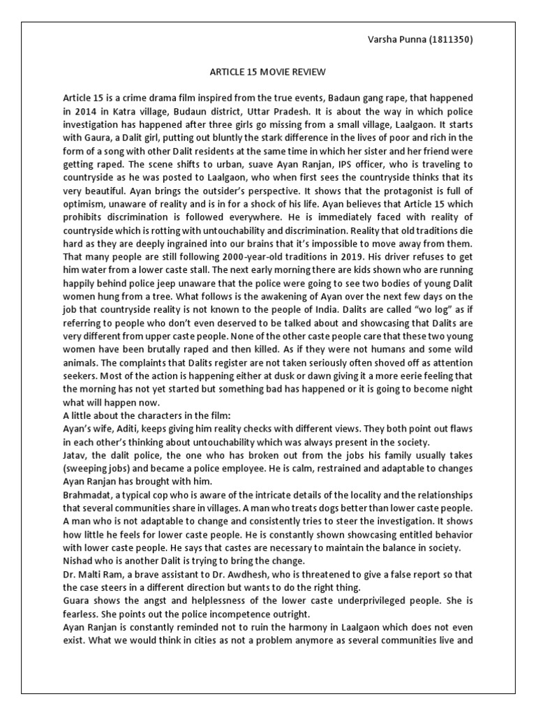 ARTICLE 15 MOVIE REVIEW - Varsha Punna - 1811350 | PDF | Dalit | Caste