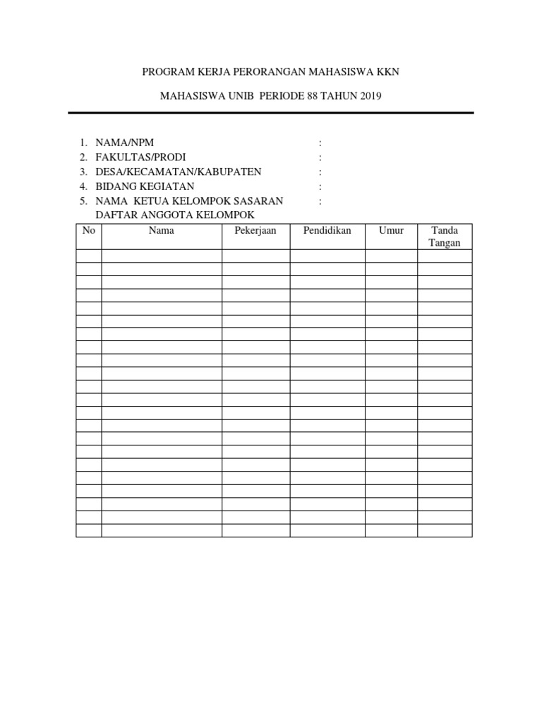 Program Kerja KKN Mahasiswa UNIB 2019 | PDF | Karier & Perkembangan ...
