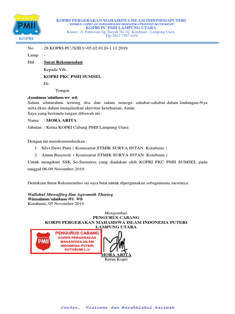 Surat Rekomendasi KOPRI PMII Lampung | PDF | Pengembangan Diri | Agama ...